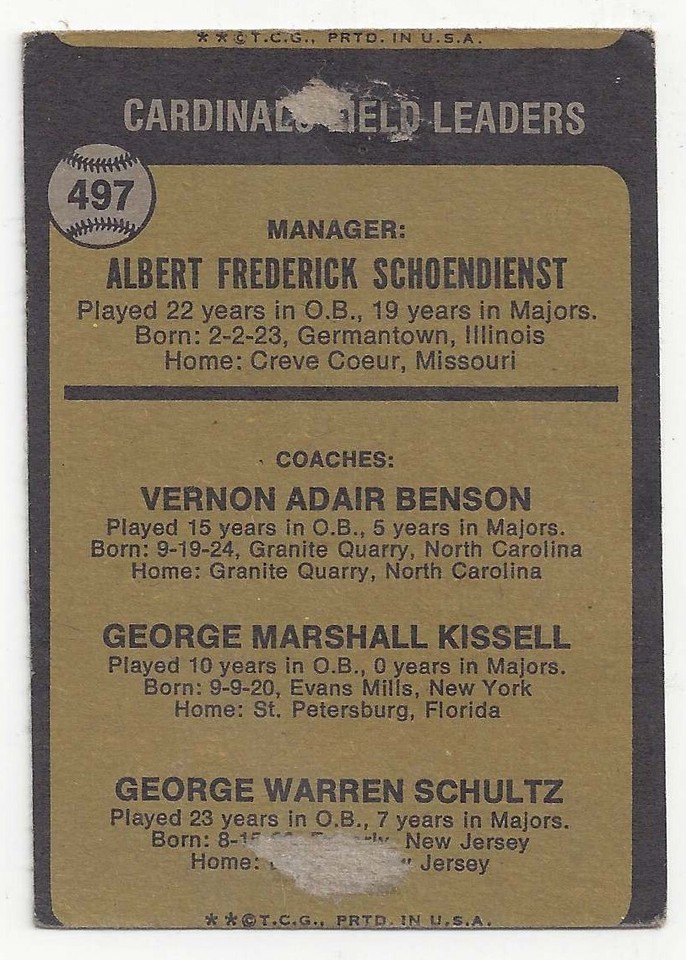 Red Schoendienst St Louis Cardinals 1973 #497 Signed Coaches Card | eBay