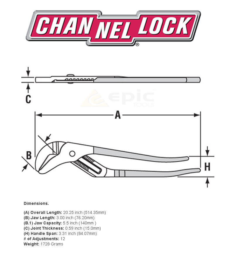 CHANNELLOCK 500mm (20") BIG AZZ Waterpump Pipe/Nut Plier 140mm Capacity ...