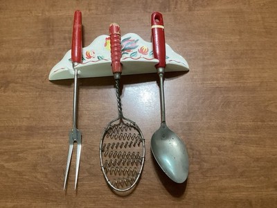 VTG Ceramic Wall Spoon/Utensil Holder W/Rooster Motif W/ 3 Utensils-11 ...