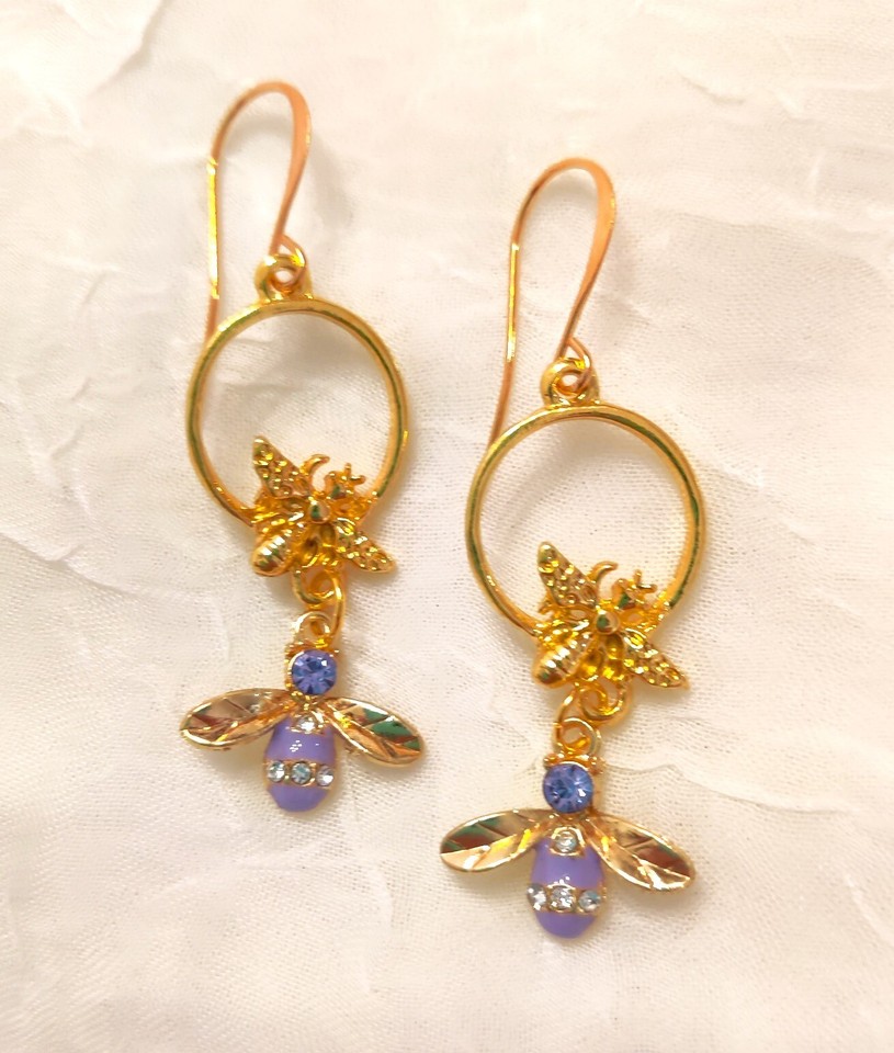 ARTISAN HANDMADE ENAMELED BEE EARRINGS WITH RHINESTONES DANGLING FROM HOOPS | eBay