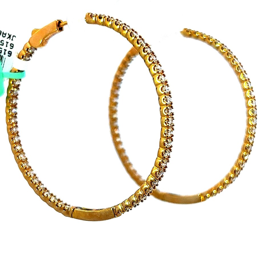 14K YELLOW GOLD WOMENS DIAMOND HOOP/LOOP EARRING ROUND BRILLIANT CUT 3 ...