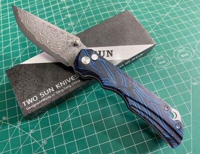 TWOSUN BUTTONLOCK POCKET KNIFE G10 HANDLE DAMASCUS EDGE TS598-DAMASCUS-BL | eBay