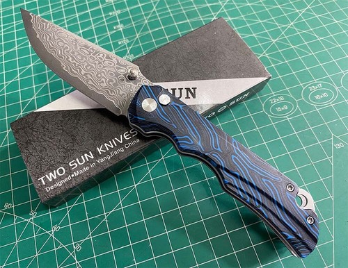 TWOSUN BUTTONLOCK POCKET KNIFE G10 HANDLE DAMASCUS EDGE TS598-DAMASCUS-BL | eBay