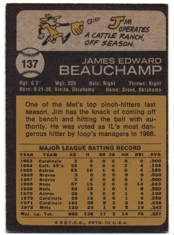 1973 Topps Baseball #137 Jim Beauchamp New York Mets - Ex | eBay