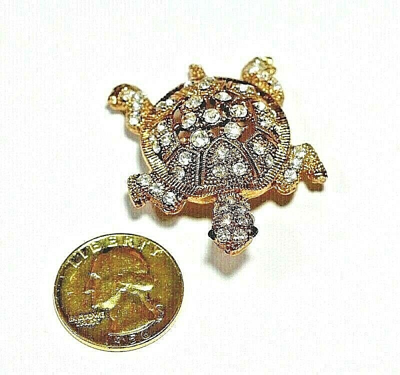 Vintage Gold Tone Metal Turtle Brooch Pin Rhinestone Encrusted Figural ...