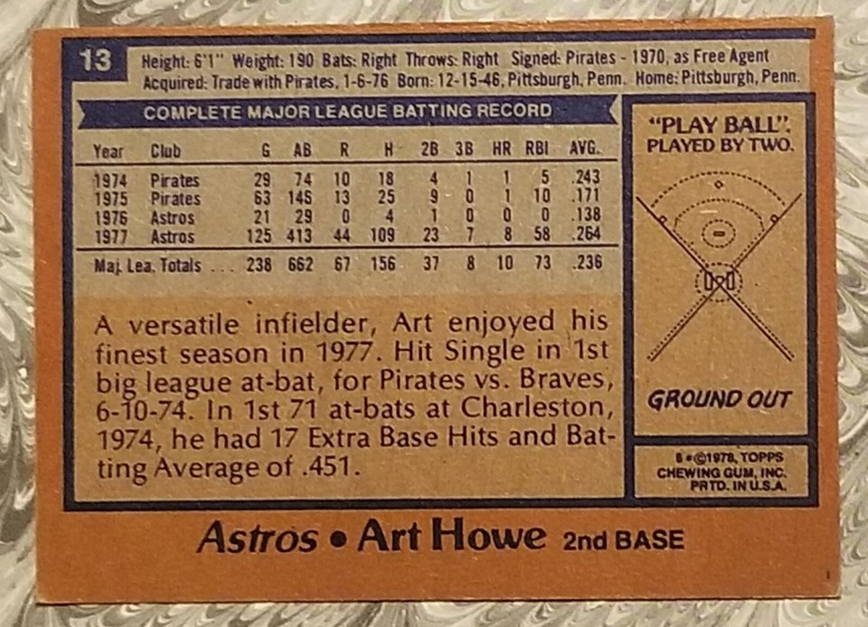 ART HOWE RC/AUTO 1978 Topps #13 Art Howe HOUSTON ASTROS VG/EX. ROOKIE ...