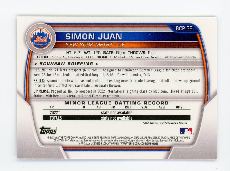 2023 Bowman Chrome Simon Juan #BCP-38 Prospects New York Mets | eBay