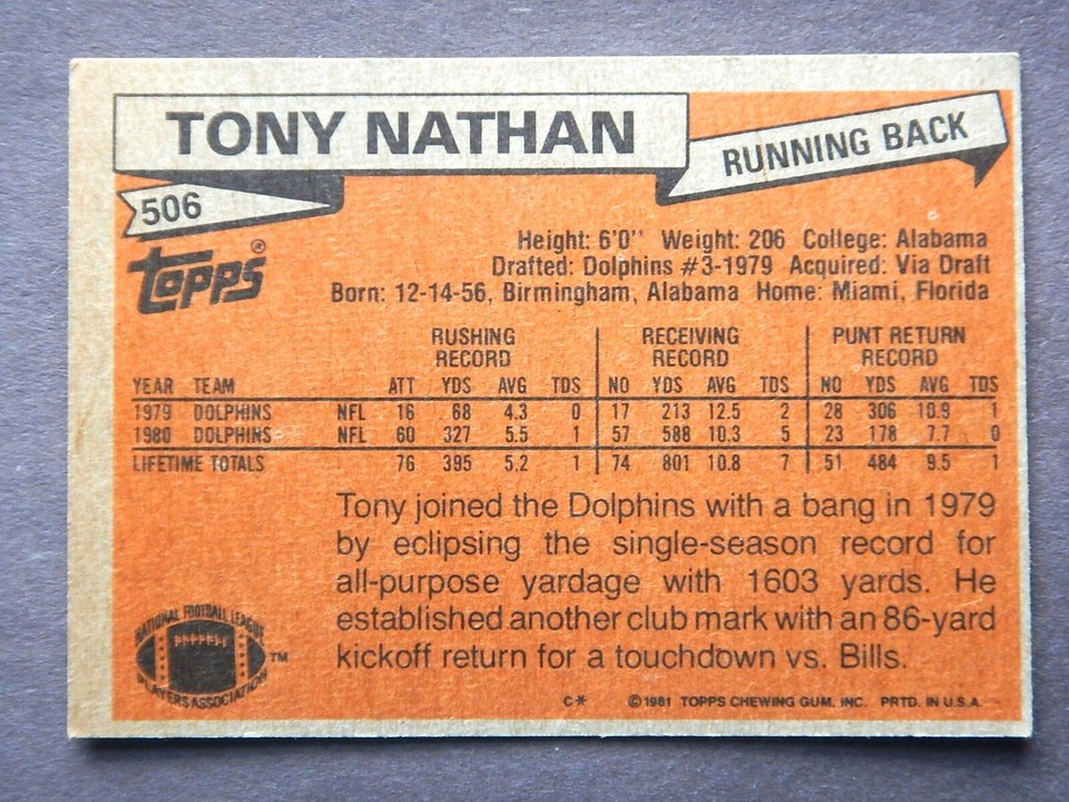Tony Nathan #506 Topps 1981 Football Card (Miami Dolphins) | eBay
