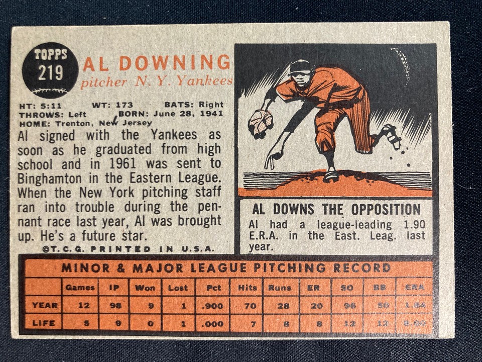 Al Downing #219 ⚾️ 1962 topps Rookie New York Yankees VG-EX🔥 | eBay