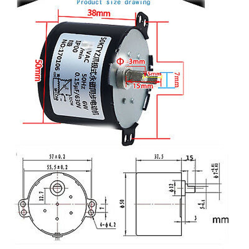 Synchronous Motor 50KTYZ AC 110V 120V 50/60Hz 50r/m CW/CCW 6W 1.4kgf.cm ...