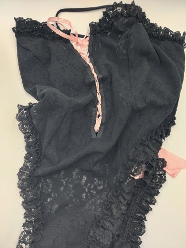 Vintage Lady Cameo Dallas Black Stretch Lace Teddy Thong Pink Bow Med ...