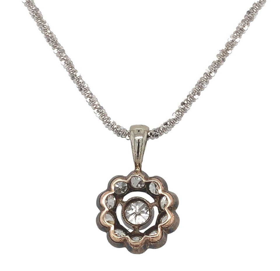European 14k Gold and Silver Rosette Genuine Natural Diamond Pendant (# ...