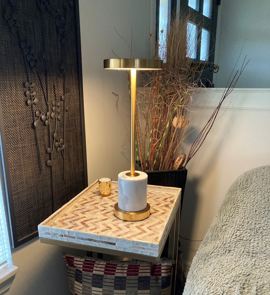 Rechargeable LED Cordless Portable Lamp-White Marble-Aged Brass Finish ...