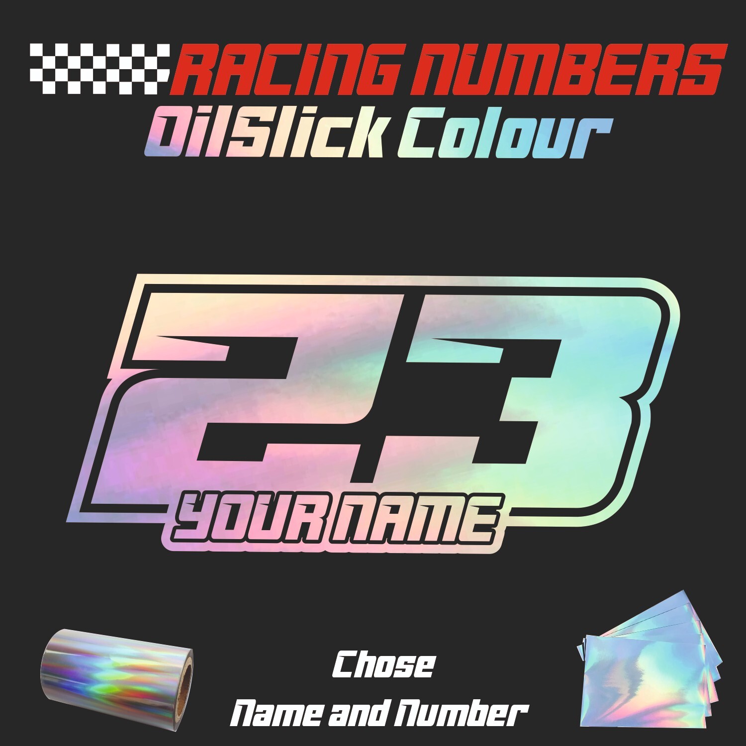 3x Custom Race Numbers & Name Oil Slick Stickers Motocross Decals MX ...