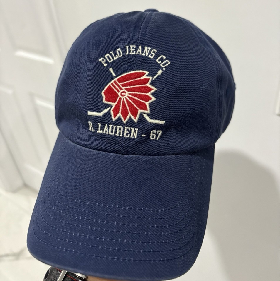 Vintage Polo Ralph Lauren Jeans Co Indian Head Dress Blue Strapback Hat ...
