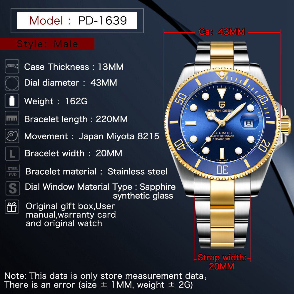 PAGANI DESIGN Luxury Men's Automatic Watch Two Tone Stainless Steel ...