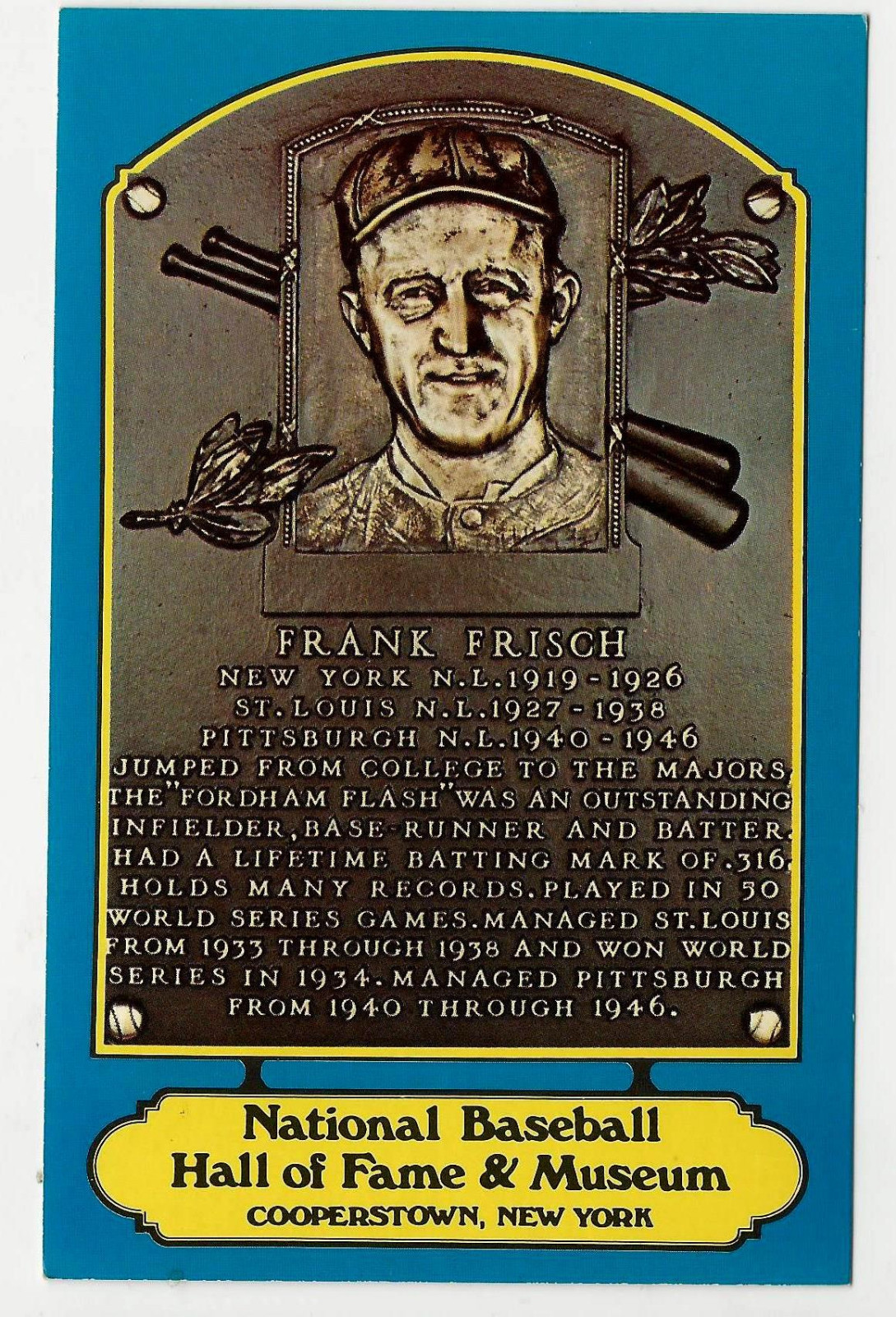 FRANKIE FRISCH 1979 Dexter Press HOF Plaque post card | eBay