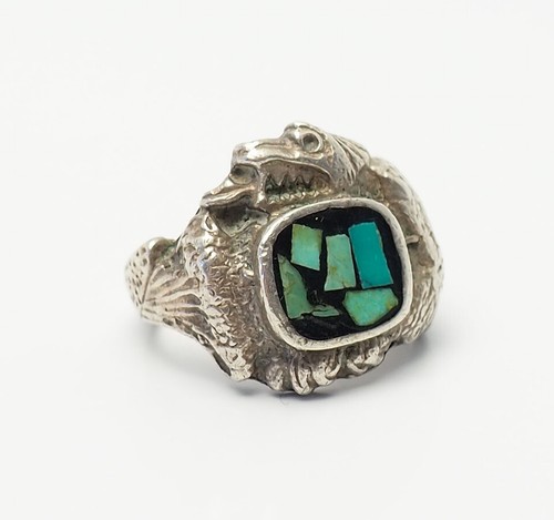 Vintage sterling silver turquoise unique Dragon masonic ? ring sz 8.5 ...