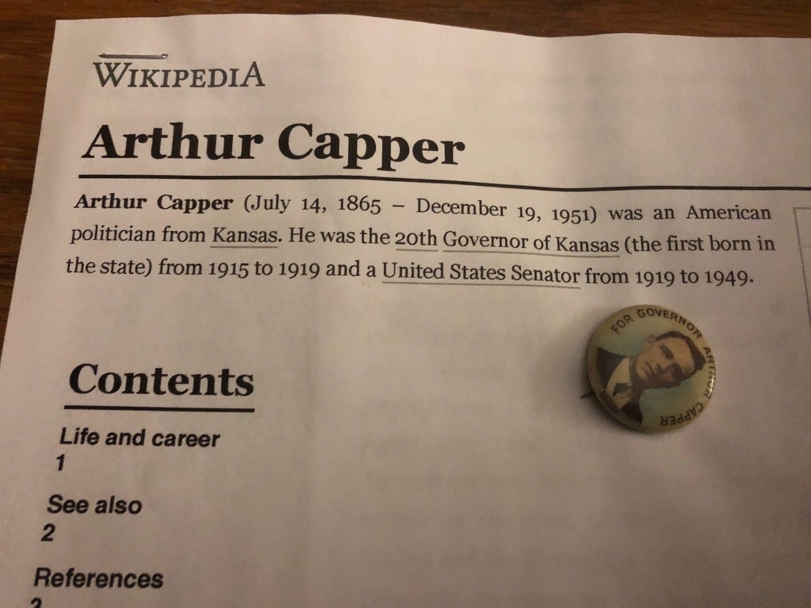 Vintage Political Pin, Arthur Capper for 20th Governor Kansas 1912 1914 ...