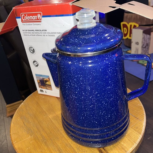 COLEMAN 14 CUP COFFEE PERCOLATOR/NEW-OPEN BOX/BLUE SPECKLED ENAMEL ...