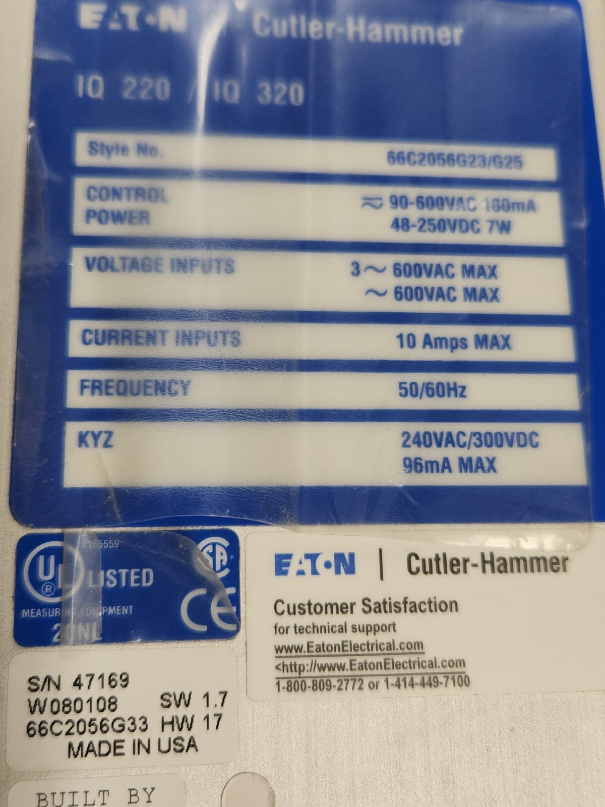 EATON CUTLER-HAMMER IQ 220 IQ 320 POWER CONTROL 66C2056G23 G25 display ...