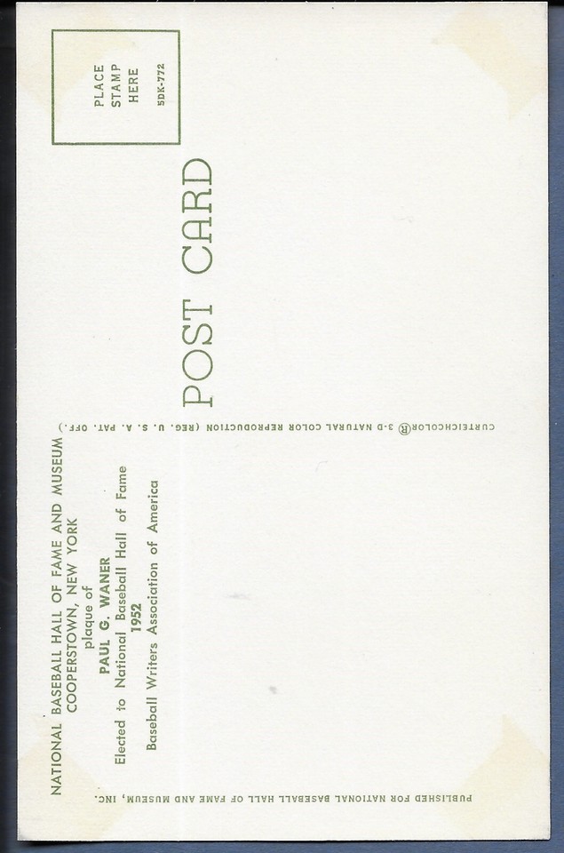 Paul Glee Waner "Big Poison" Cooperstown Hall of Fame Plaque Postcard ...