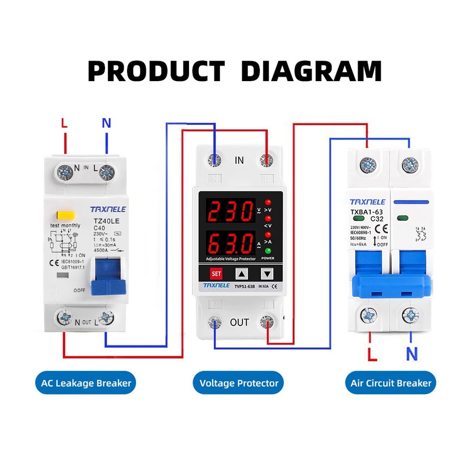 220V 63A Adjustable Voltage Relay Over Under Voltage Protector ...
