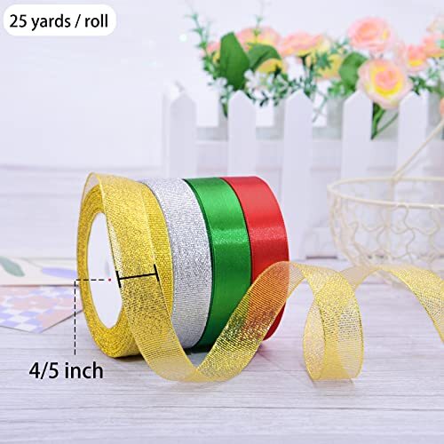 4 Rolls 100 Yards Christmas Ribbon Satin Metallic Glitter Ribbons for ...