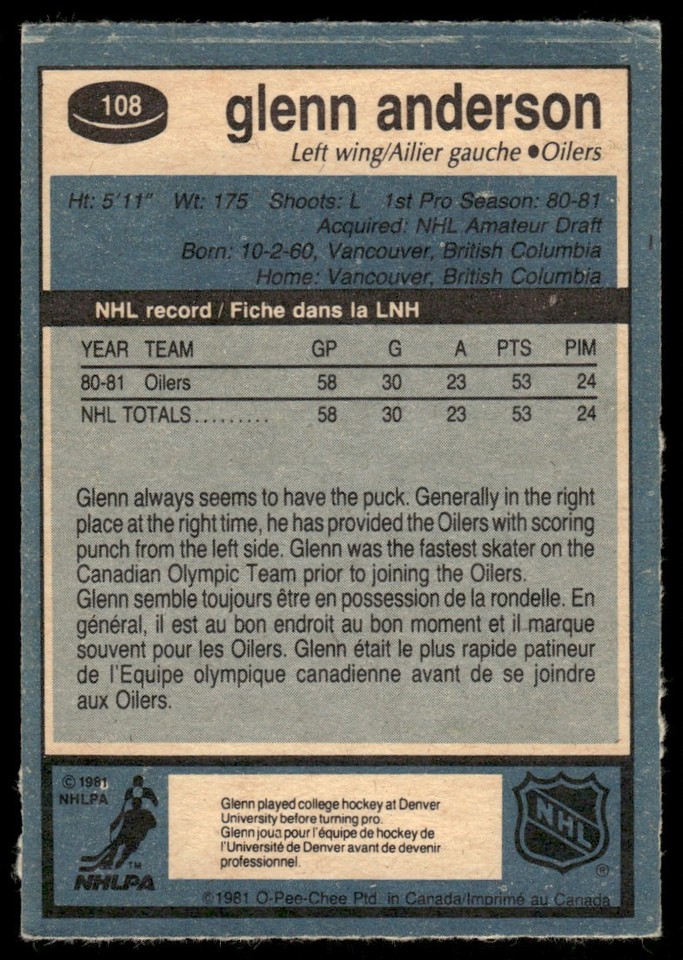 1981-82 OPC Hockey Glenn Anderson Rookie Vintage Creased Rookie ...