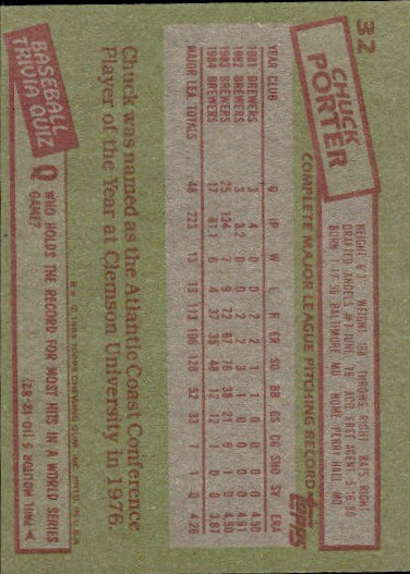 1985 Topps #32 Chuck Porter Milwaukee Brewers Baseball | eBay