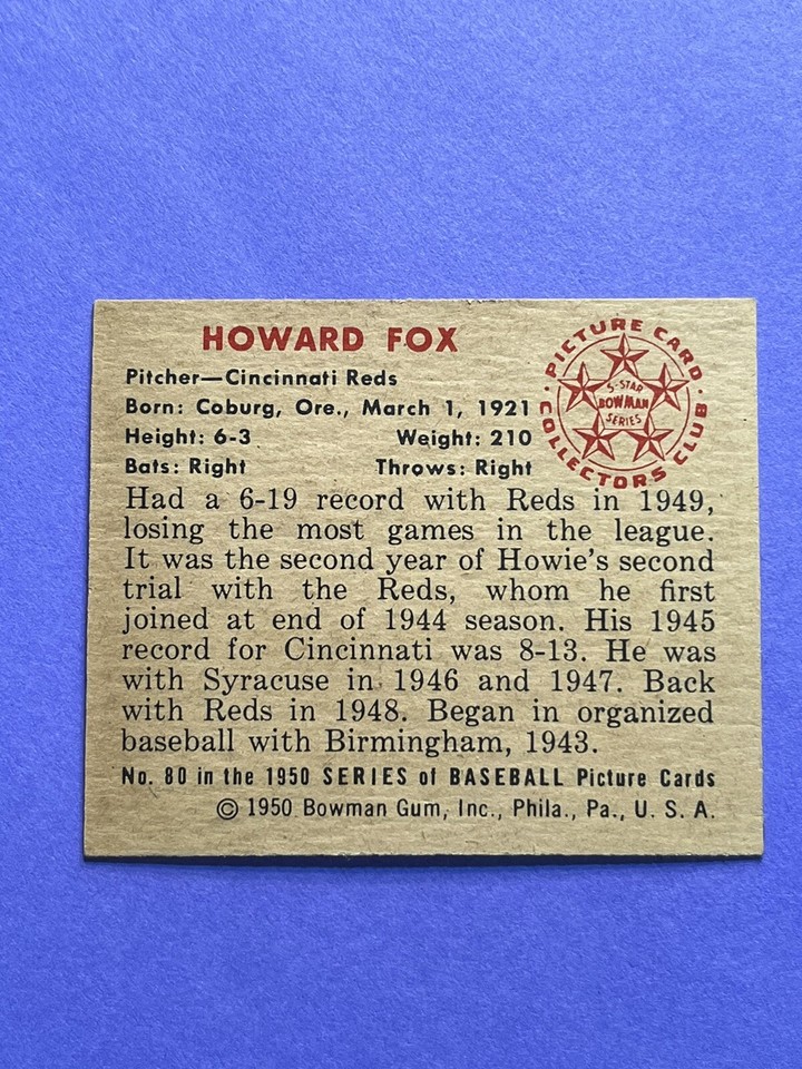 1950 Bowman Baseball Howard Fox #80 Cincinnati Reds Low Grade Set ...
