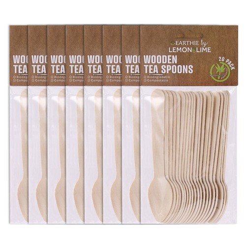 160pc Lemon & Lime Eco 11cm Disposable Dinner Wooden Tea Spoons Cutlery ...