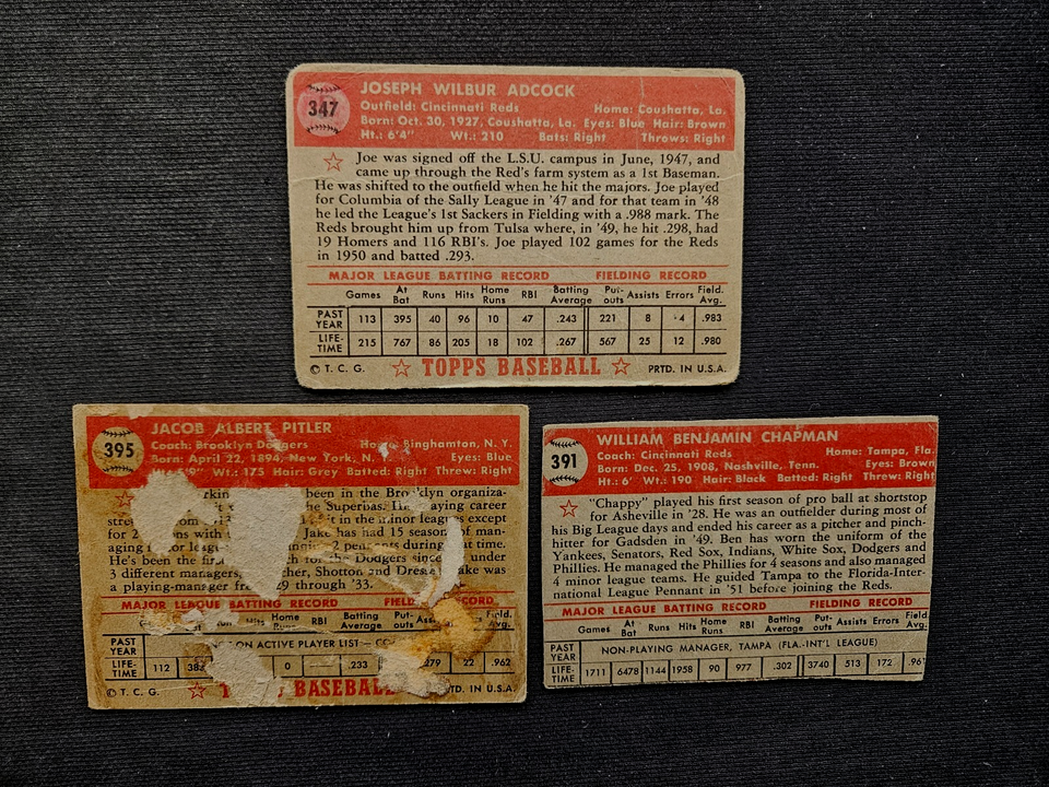 1952 Topps High #395 #391 #347 Jake Pitler Joe Adcock Chapman Baseball ...