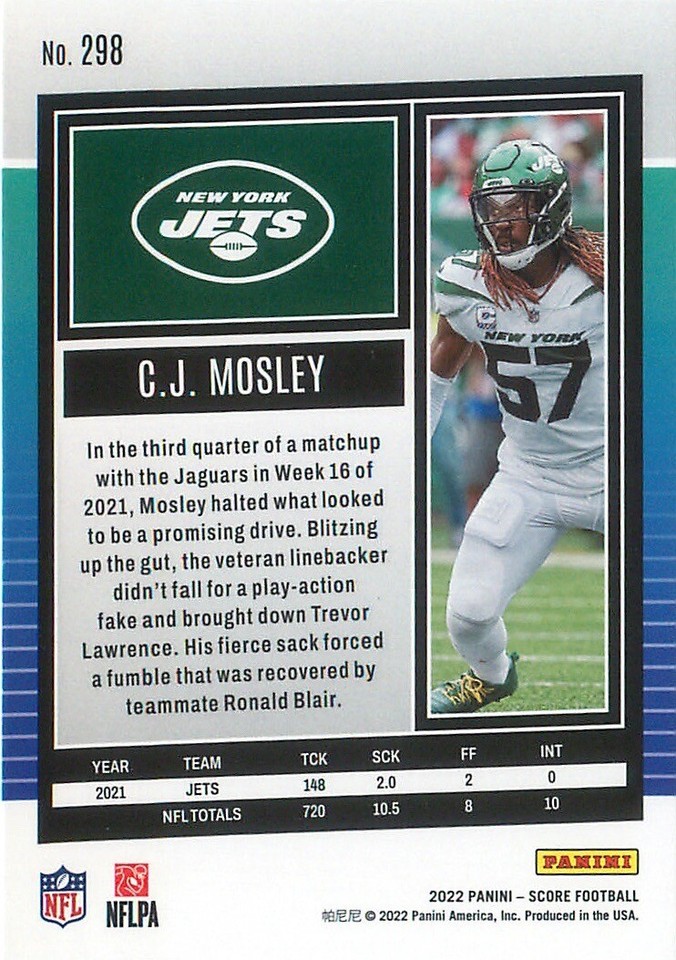 C.J. Mosley 2022 Panini Score Football NFL Base Card #298 New York Jets ...
