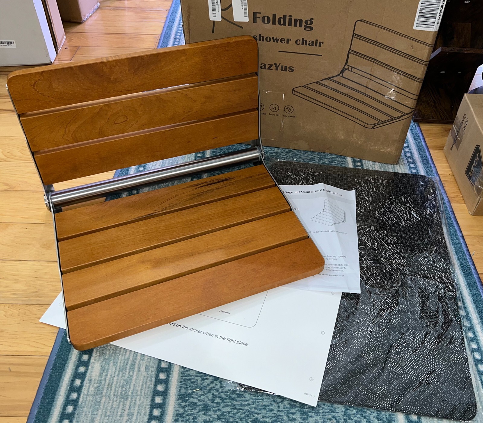 NazYus 19’’ Folding Teak Wood Shower Seat, Wall Mounted, Fold Down ...