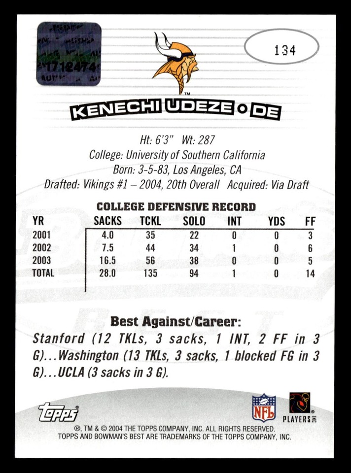 2004 Bowman's Best #134 Kenechi Udeze Auto Rookie Minnesota Vikings | eBay