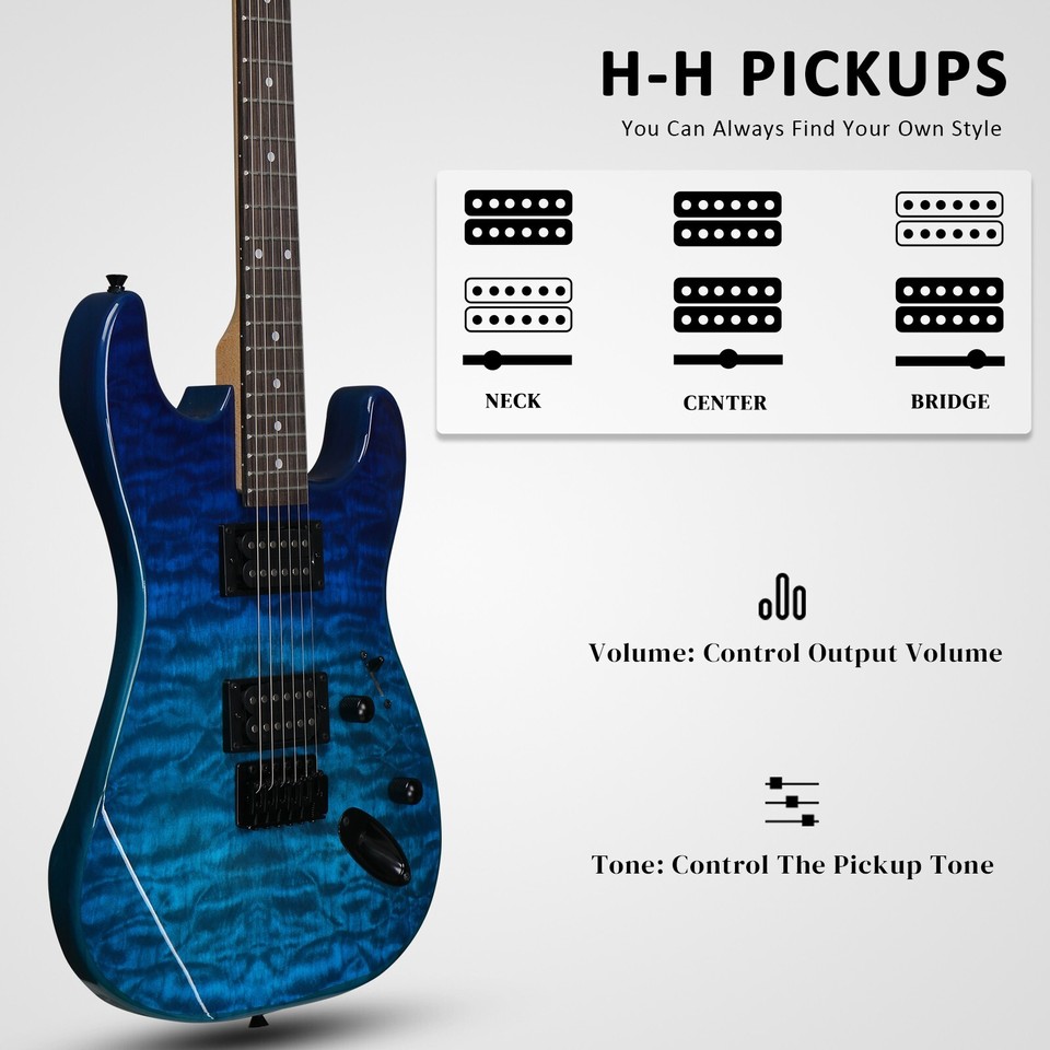 Full-Size Blue Burst Electric Guitar with Flame Maple Veneer Top and HH ...
