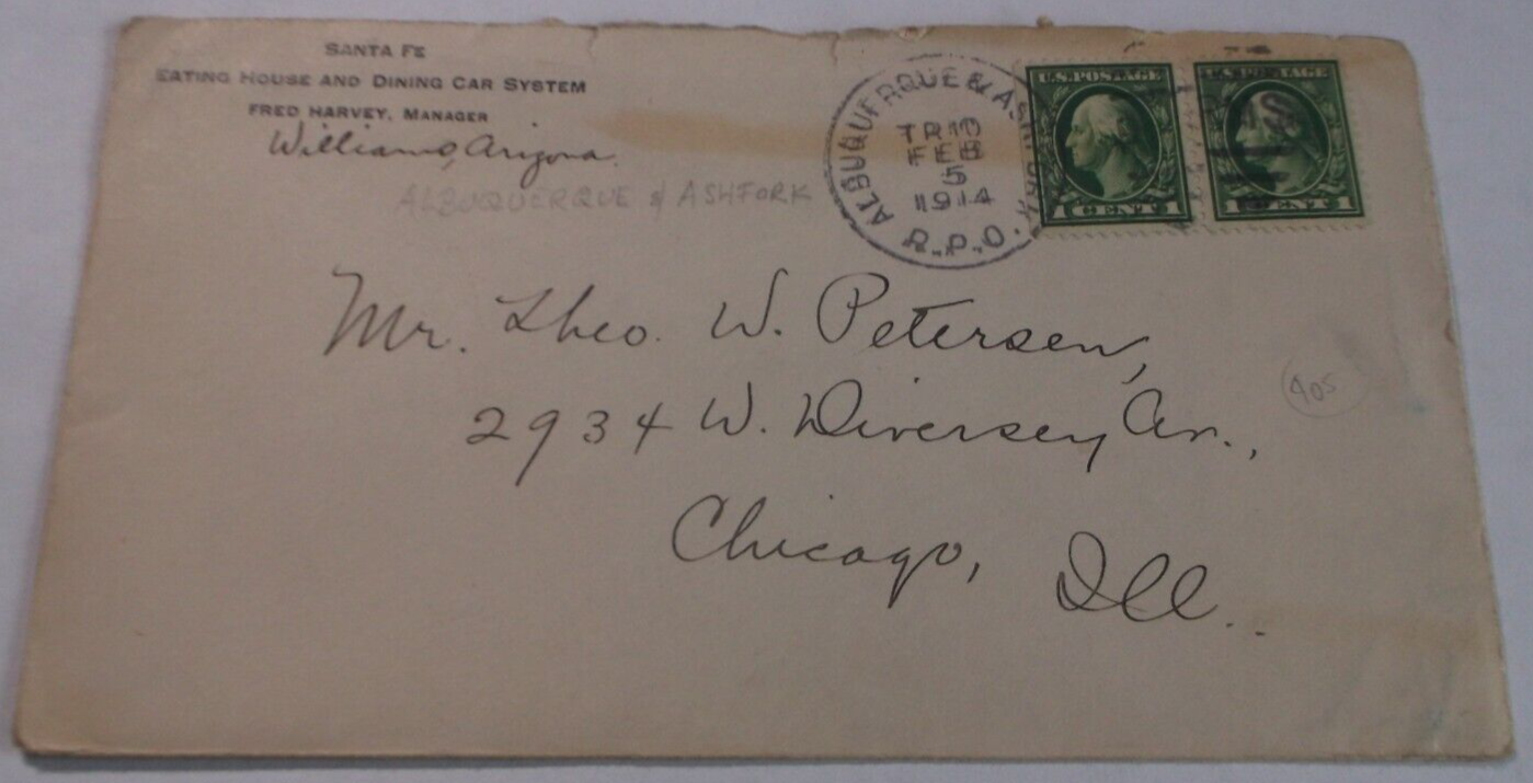 1914 ATSF SANTA FE FRED HARVEY ENVELOPE ALBUQUERQUE & ASH FORK RPO ...