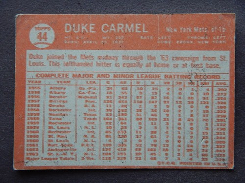 Duke Carmel #44 Topps 1964 Baseball Card (New York Mets) G | eBay
