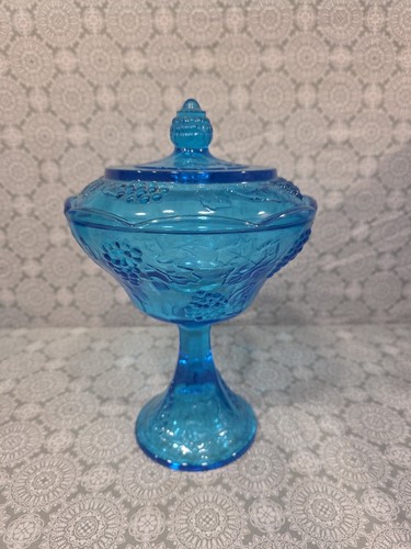 VINTAGE INDIANA COLONY GLASS BLUE HARVEST GRAPE TALL COVERED COMPOTE ...