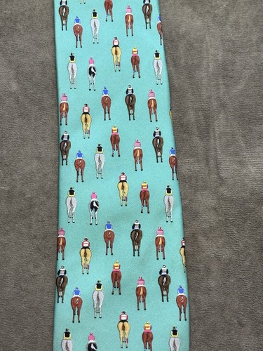 Alynn Bringing Up The Rear 100% Silk Necktie Teal Horse & Jockey Derby ...