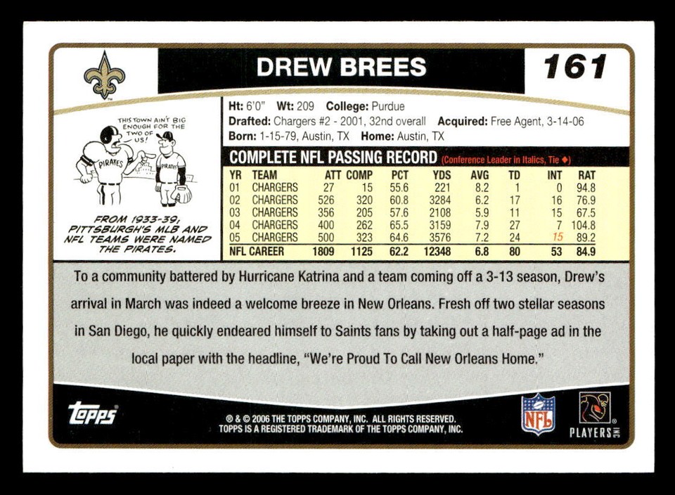 Drew Brees 2006 Topps Card #161 New Orleans Saints | eBay