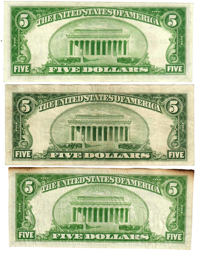 10_10B - 1928A $5 Red Seal US note, 1934D $5 Silver Certificate, 1934C ...