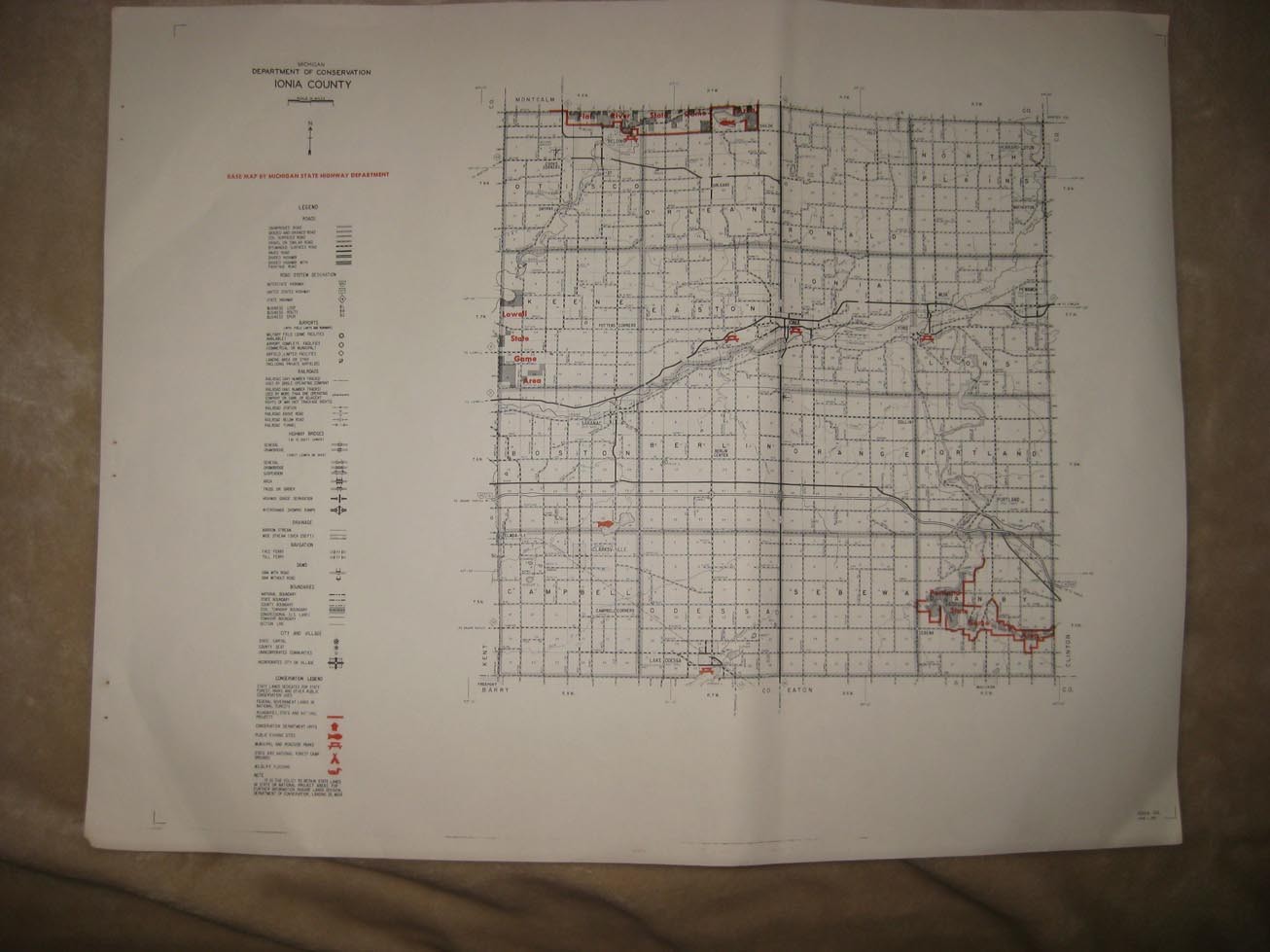 ANTIQUE 1961 IONIA COUNTY MICHIGAN MAP HUNTING FISHING ROAD HIGHWAY ...