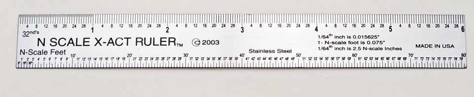 N Scale Stainless Steel Ruler 1:160 inch/feet scale Made in USA 6" L x ...