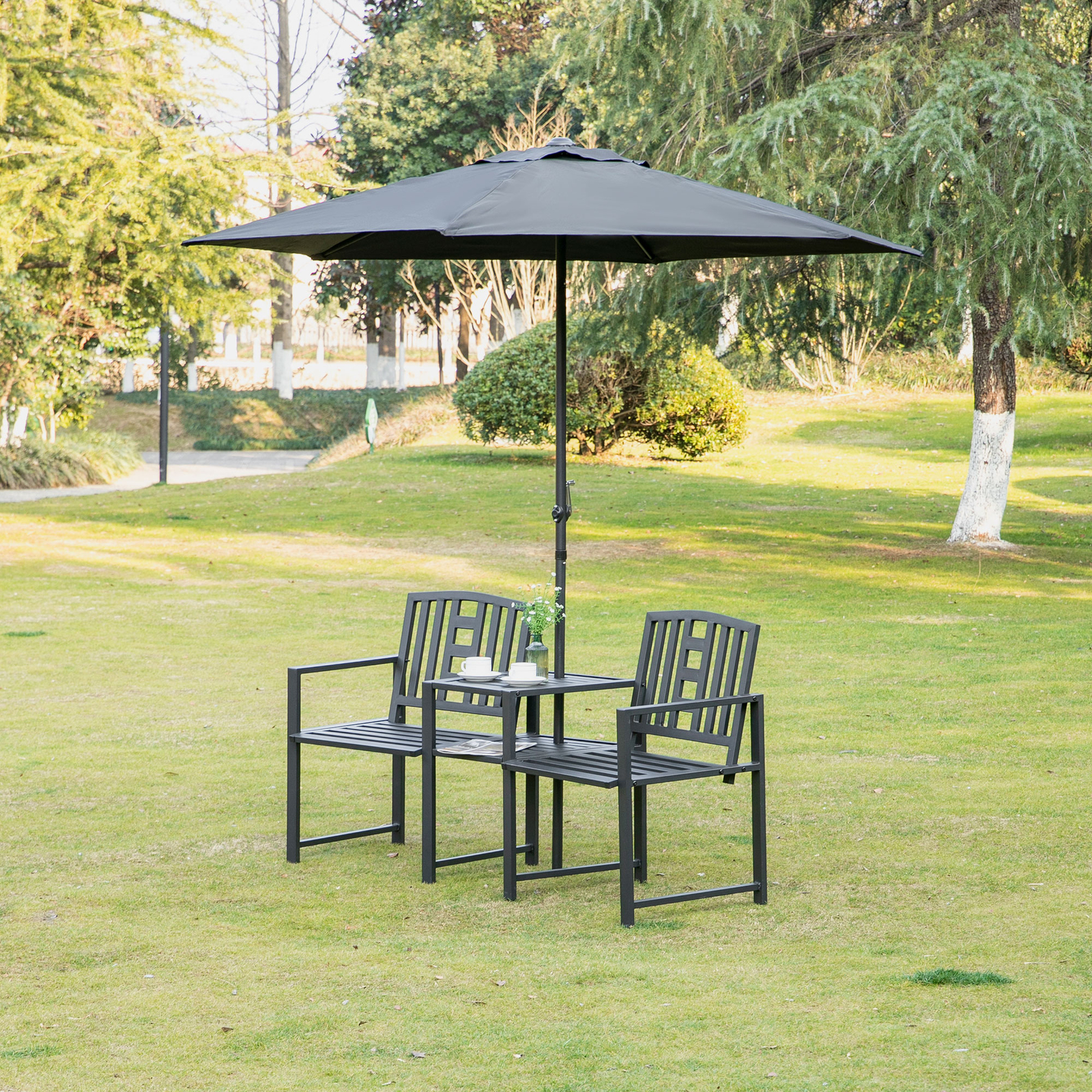 2-Person Double Metal Patio Chairs w/ Coffee Table & Umbrella Hole ...