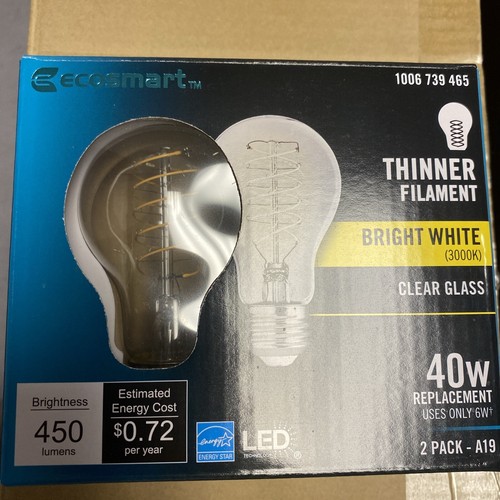 6 Pack EcoSmart (2-pack) A19 Bright White Thinner Filament Clear 40W ...
