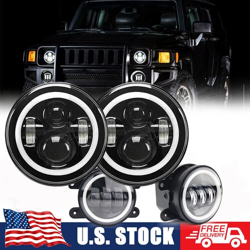 For Hummer H2 H3T 06-10 7" INCH Halo LED Headlight DRL & 4" Fog Lights ...