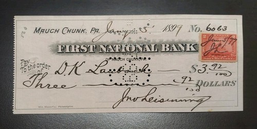 1899 US MAUCH CHUNK PA NATIONAL BANK OLD USED CHECK REVENUE STAMP ...