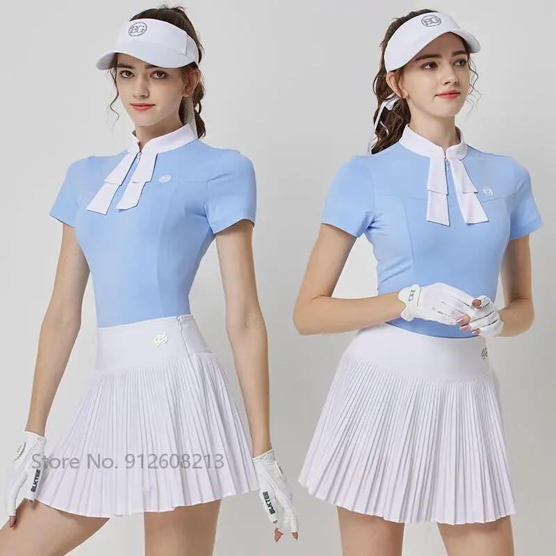 Lady Short Sleeve Golf Tops with Tie Women High Waist Slim Skirt Golf Tracksuit | eBay